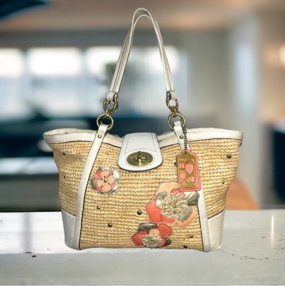 Coach | Bags | Coach Hampton Weekend Embellished Straw Tote In Guc ...
